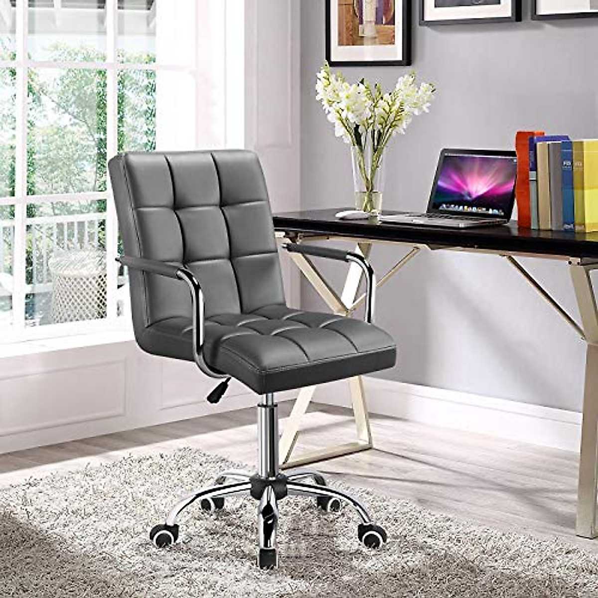 Yaheetech PU Leather Office Chair Mid-Back Task Ergonmic Chair with Swivel Wheels Height Adjustable, Grey
