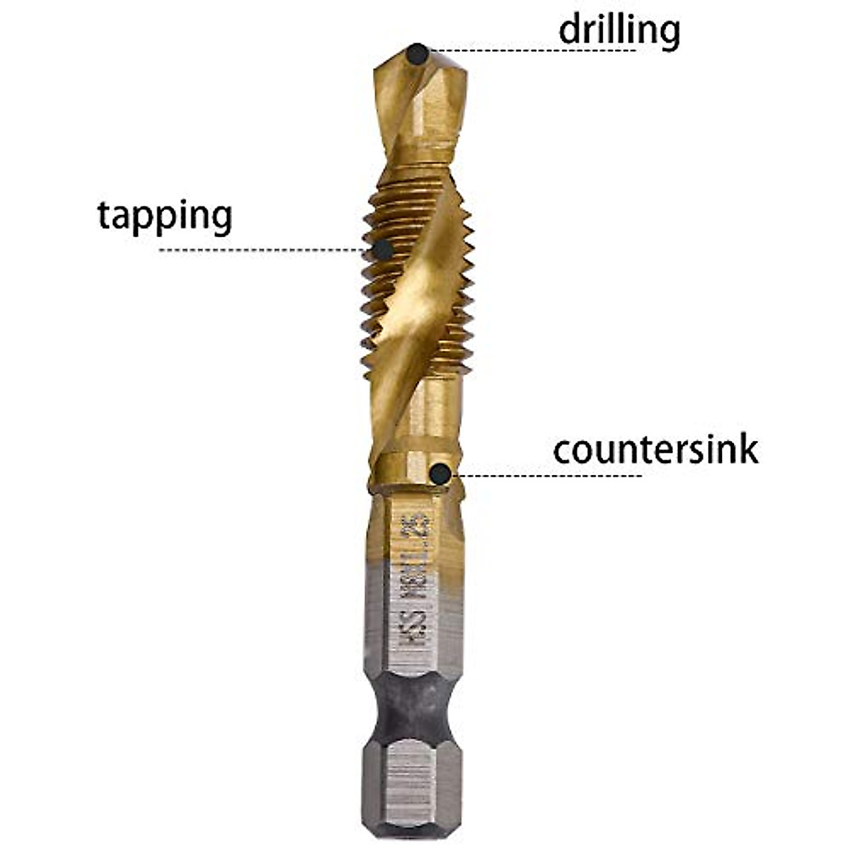 YDLQWCZ Combination Drill Tap Bit Set 6 Piece Hex Shank Quick Change HSS Titanium Coated Spiral Tap Drill Bit Include M3 M4 M5 M6 M8 M10 Spiral Screw Tap Set