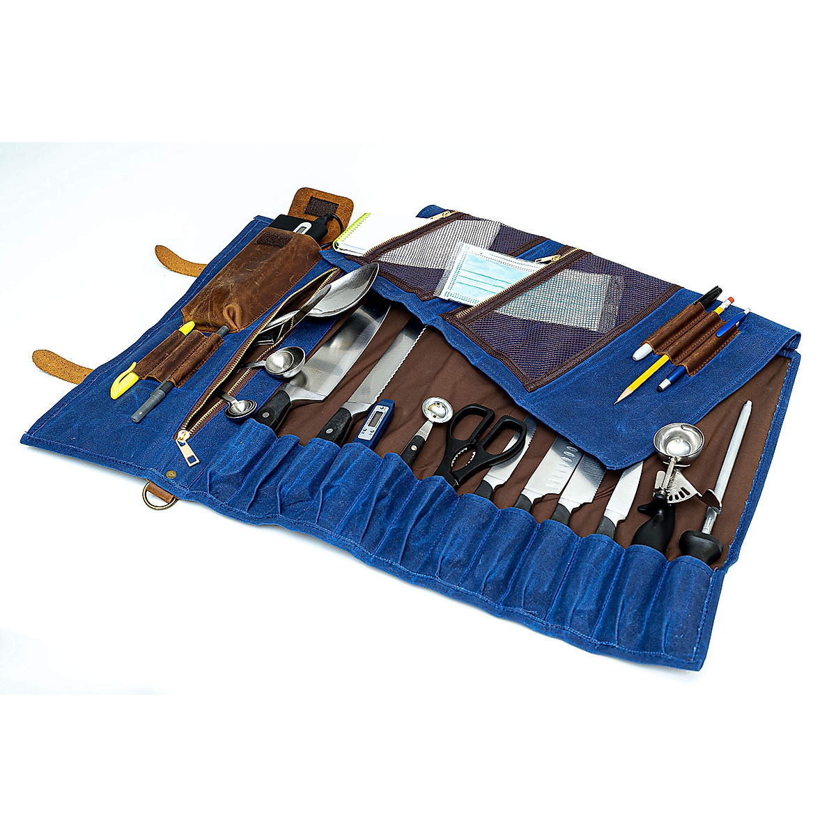 Chef Knife Roll Bag Waxed Cavas Genuine Leather USB | Amazing Gift for Tech Savvy Executive Chefs & Culinary Students (Blue) Culinary graduation gift | JOZ Creations LLC knife bag USB port blue