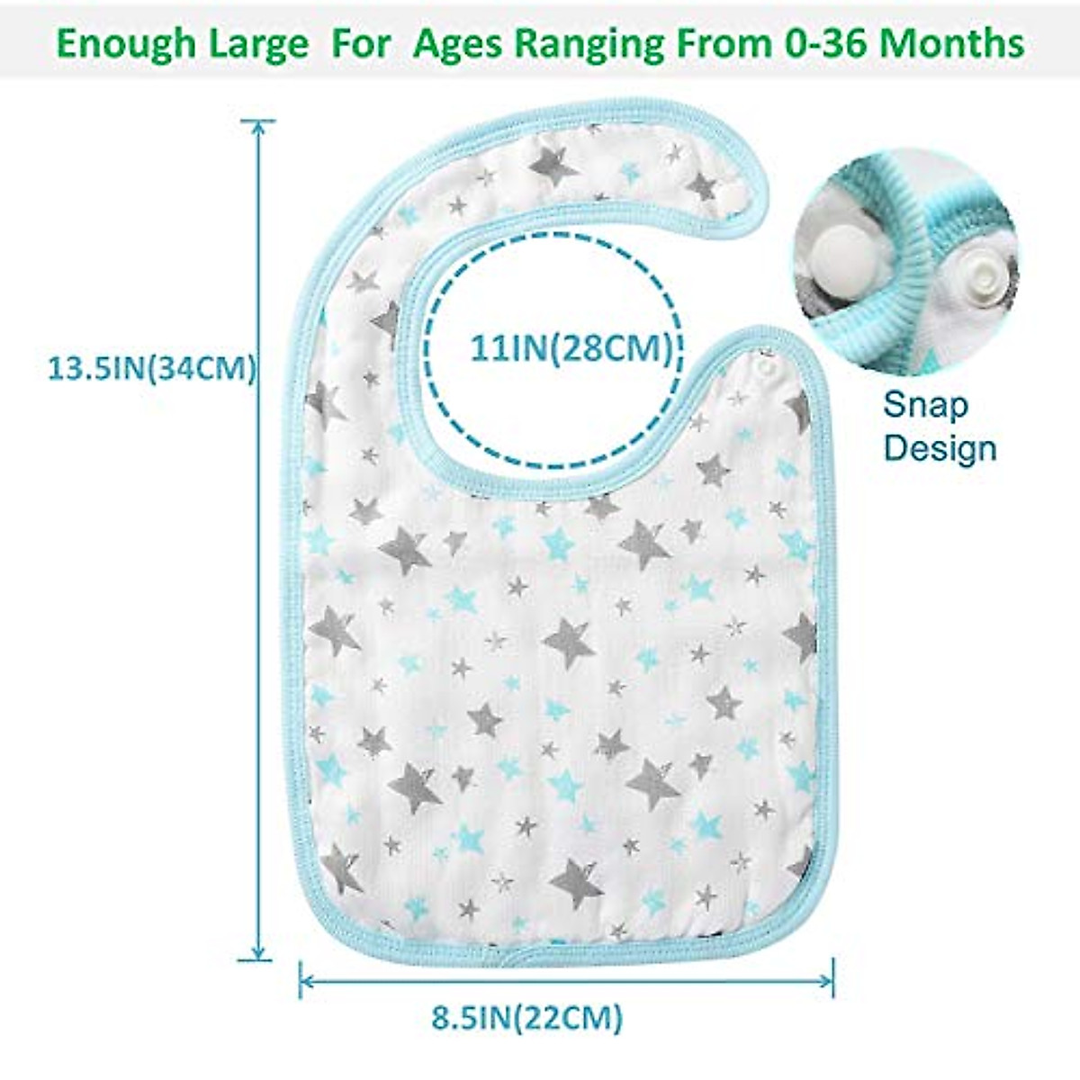 Little Grape Land 1OO% Cotton Muslin Bib 9 Pack, 8 Layers Breathable Adjustable Snaps Fits Babies and Toddlers 0-36 Months, Machine Washable Bib for Boys Girls - Colorful Stars & Stripe