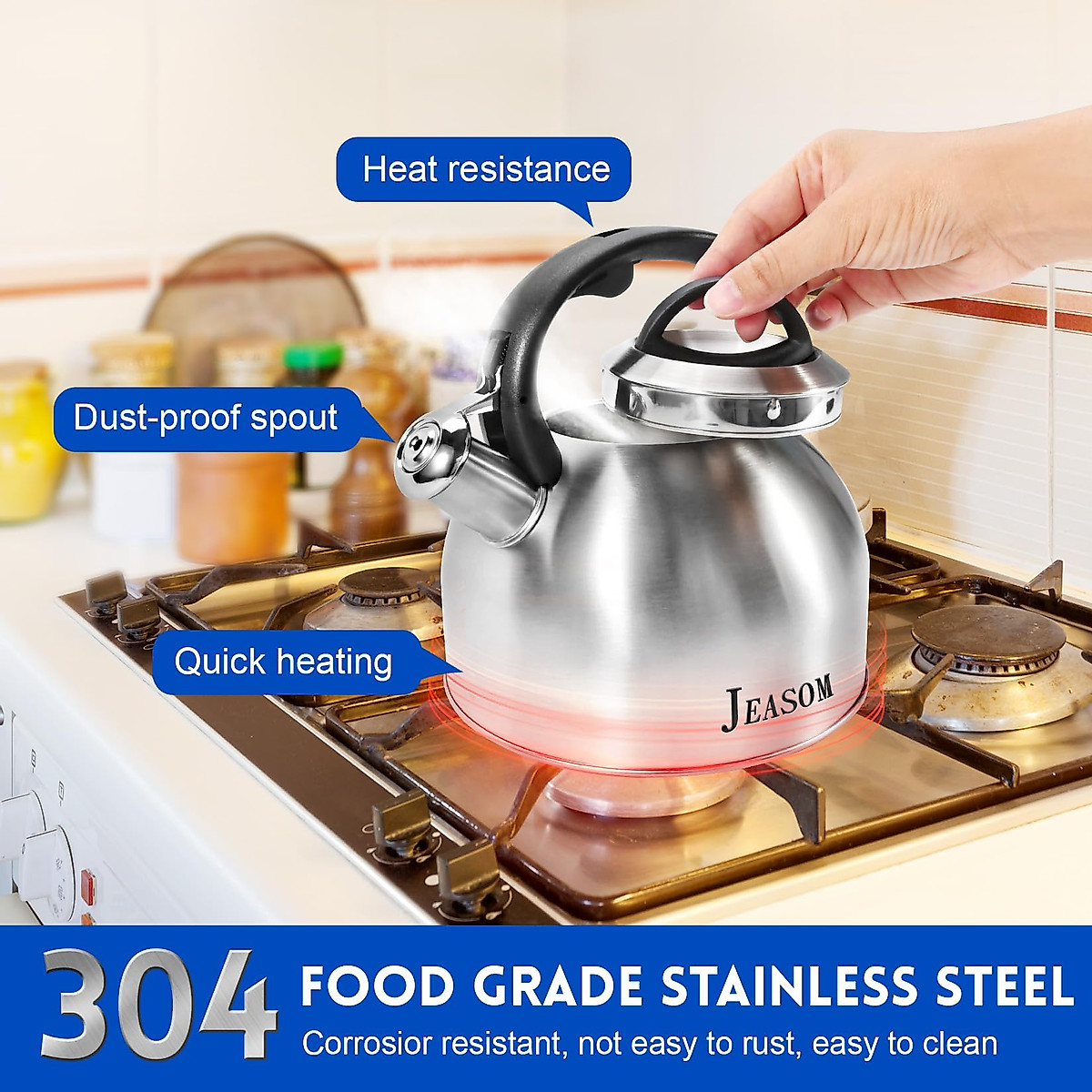 Jeasom Tea Kettle Stovetop - Food Grade Stainless Steel Whistling Tea Pot with Ergonomic Handle, Unique Button Control Kettle Outlet, Can Be Used in the Kitchen or Camping, 3.1 Q/3L