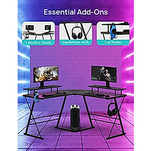 Evajoy Gaming Desk, L Shaped Computer Corner Desk, 53" Ergonomic Gaming Table with Monitor Stands, PC Desk with LED Strips and Power Outlets, Carbon Fiber Surface with Cup Holder, Headphone Hook