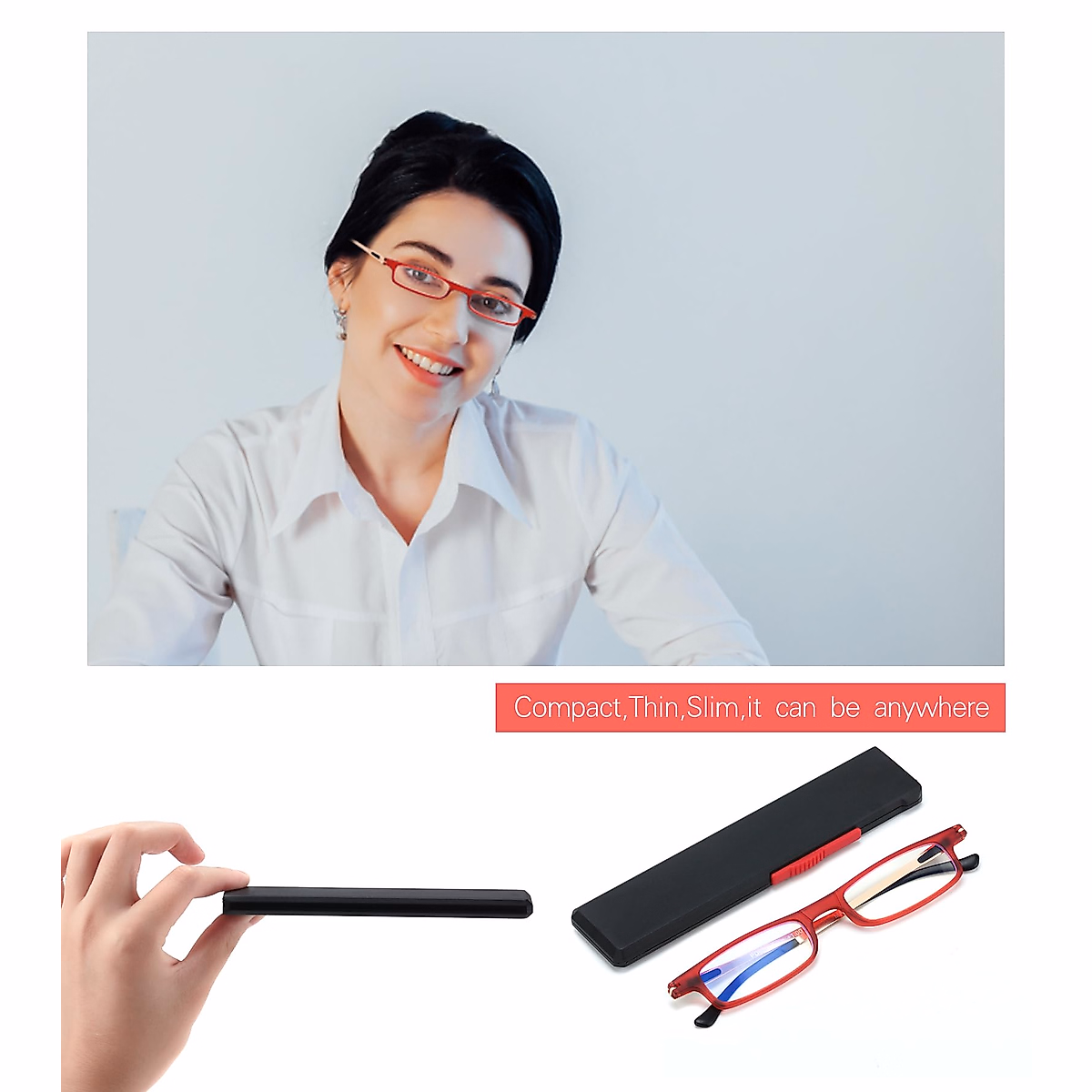 SKYOAK Ultra thin Lightweight Folding Reading Glasses Women Men TR90 Blue Light Blocking Anti UV/Eyestrain Foldable Compact Computer Readers Portable Unique Stretchable Slim Flat Case Red +2.0