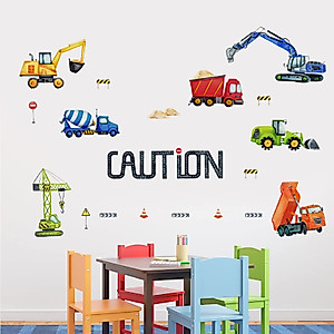 Mfault Baby Boys Construction Caution Vehicle Wall Decals Stickers, Large Trucks Tractor Excavator City Nursery Playroom Decorations Kids Room Art, Classroom Bedroom Home Decor Birthday Gift
