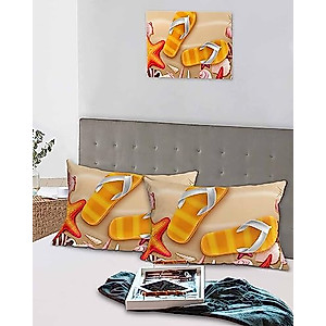 Edwiinsa Summer Beach Pillow Covers King Standard Set of 2 20x36 Bed Pillow, Tropical Ocean Conch Starfish Orange Slippers Plush Soft Comfort for Hair/Skin Cooling Pillowcases with Envelop Closure
