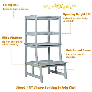 Costzon Kids Kitchen Step Stool with Safety Rail, Toddler Kitchen Stool w/Solid Bamboo Construction, Child Stand Helper for Kitchen Bathroom Living Room, Perfect for Toddler from 18-36 Months (Grey)