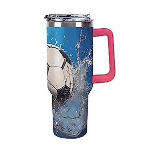 LLUTSNTH 40 Oz Vacuum Tumbler with Light Rose Red Handle Leakproof Insulated Tumbler Soccer Ball Water Stainless Steel Travel Mug with Lid And Straw Coffee Cup Cute Water Bottles Cup Holder Friendly