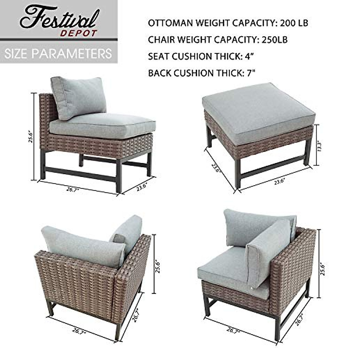 Festival Depot 4-Piece Patio Conversation Set Sectional Corner Sofa Combination Outdoor All-Weather Wicker Metal Armless Chairs for Porch Lawn Garden Balcony Pool Backyard, Brown