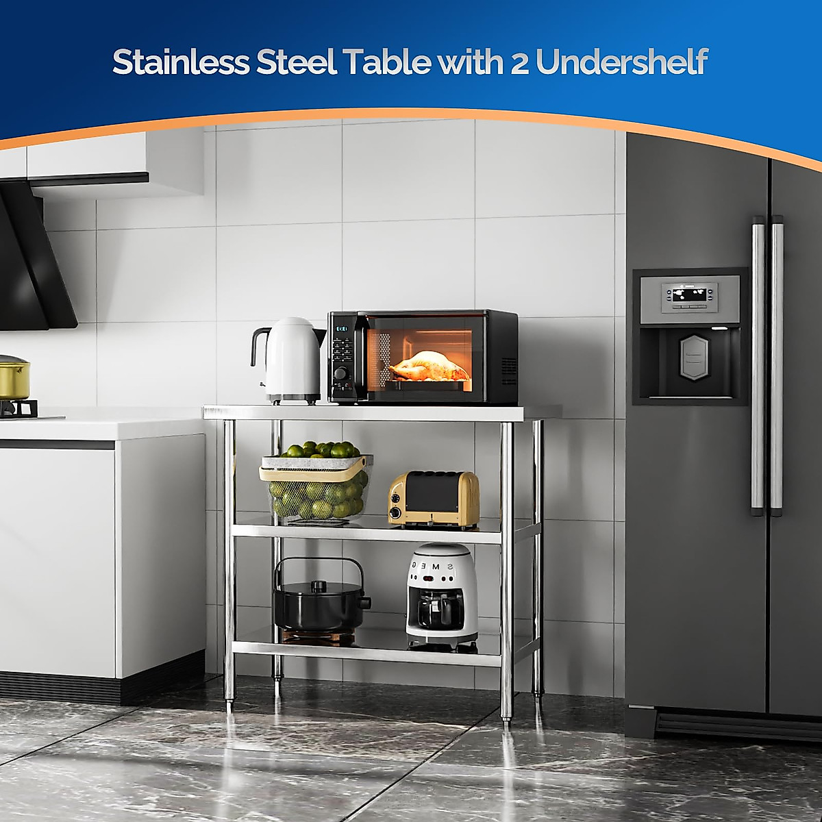 ROVSUN Stainless Steel Table with 2 Shelves 36 X 18 Inch, NSF Commercial Heavy Duty Prep & Work Table, Metal Utility Table for Kitchen, Restaurant, Home, Hotel, Garage