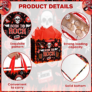 Rock Birthday Gift Bag for Men Women Rocking Music Gift Bag for Boys Girls with Card Tissue Paper, Skeleton Skull Wrapping Paper Bag for Guitar Rock and Roll Party Decorations 1950's 50s 60s Themed