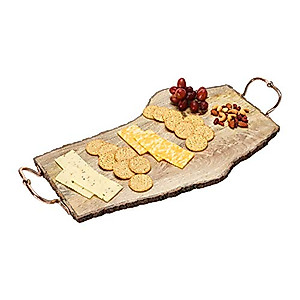Creative Co-Op Mango Live Edge Wood Slab Serving Tray with Copper Finish Handles Cutting Board, 24" x 12.5", Natural