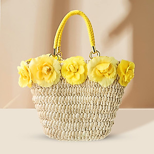 QTKJ Beach Bag for Women, Straw Handmade Handbag, Yellow Leather Braided Handle and Flower Decoration, Boho Retro Woven Shoulder Bag, Large Tote Bag for Vacation Travel Work