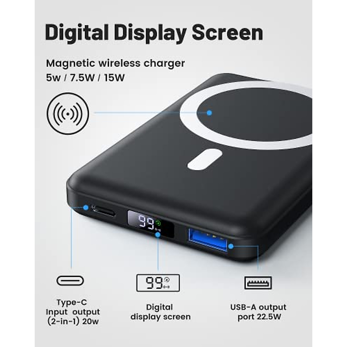 Wireless Power Bank, Yiisonger Slim 10000mAh Magnetic Portable Charger 22.5W PD Fast Charging, Mini Mag-Safe Battery Pack QC3.0 LED Display USB-C Compatible with iPhone 14&13/ Pro Max/Pro/Mini (Black)