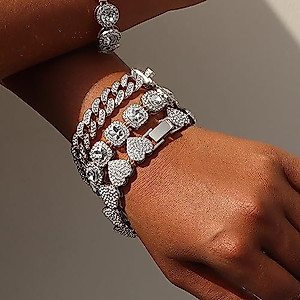 shopbyskyler 4PCS Gold Silver Bracelets for Women Diamond Cuban Bracelet Layered Link Bracelet Set Fashion Jewelry (Silver, 8inch)