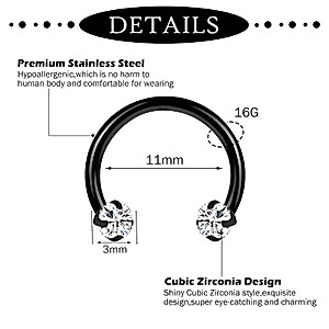 ONESING 16Pcs Black Septum Rings 16G Surgical Steel Septum Jewelry Black Septum Nose Ring Septum Horseshoe Septum Piercing Jewelry Helix Tragus Earring Lip Black Nose Hoop Body Piercing Jewelry