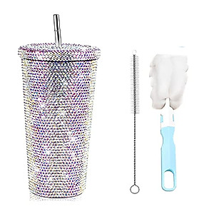 Bling Water Bottle,Bling Cup -16.9oz Stainless Steel Rhinestone Cup with Lid and Straw,Handmade Decorations Individually Diamond Glitter Gift for Women Mom Girlfreind(ABcolor)