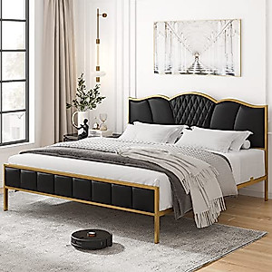 HITHOS King Size Bed Frame, Modern Upholstered PU Bed Frame with Tufted Headboard, Heavy Duty Platform Bed with Wood Slat Support, Noise Free, No Box Spring Needed (Black, King)
