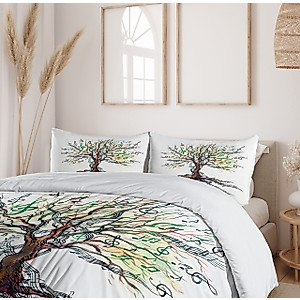 Ambesonne Music Duvet Cover Set, Musical Tree Autumnal Clef Trunk Swirl Nature Illustration Leaves Creative Design, Decorative 3 Piece Bedding Set with 2 Pillow Shams, Queen Size, White Brown