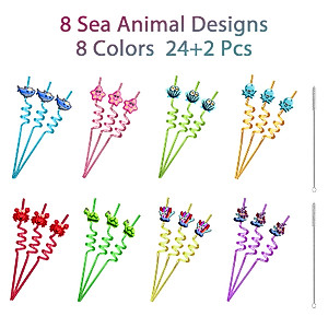24 Under the Sea Party Favors Sea Creature Animal Drinking Straws Goodie Gifts for Kids Ocean Birthday Party Supplies, Under the Sea Party Supplies with 2 PCS Cleaning Brushes