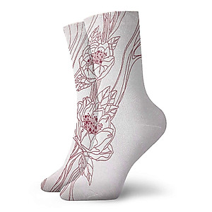 Almond Blossom Funny Compression Socks Women and Men,Wedding Theme With Stripes And Flower Bloom Outline On Pastel Colors,Best for Circulation,Running,Athletic,Nurse,Travel,Burgundy Baby Pink -12 inch