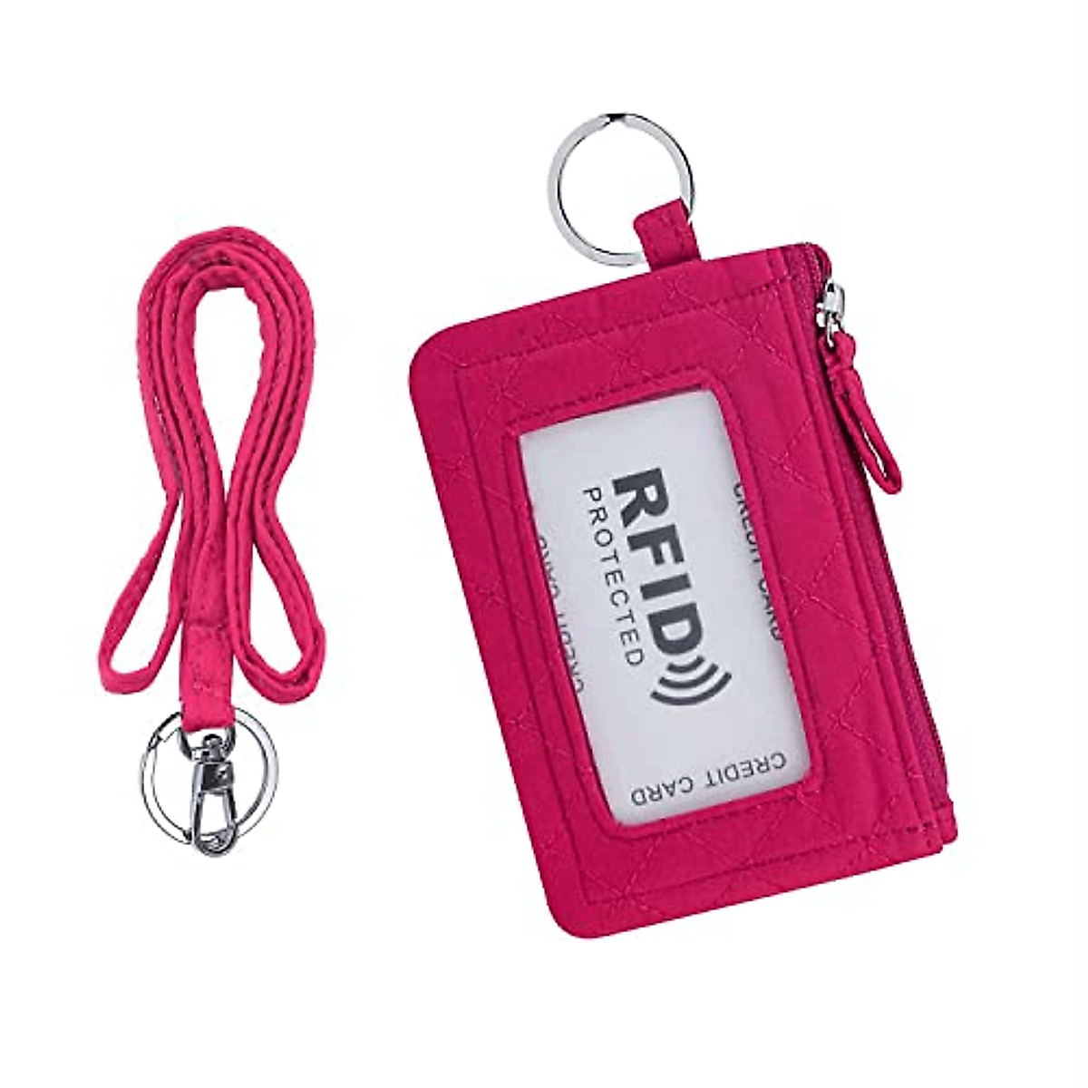 Iconic Zip ID Case Card Holder for Women,Signature Cotton Coin Purse with Id Window,RFID Blocking Change Pouch with Key Chain (Rose)