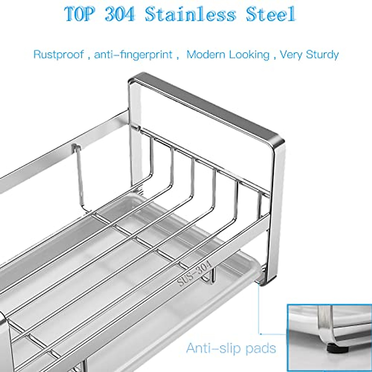 JiangWaveT Sponge Holder,SUS304 Stainless Steel Rust Proof Soap Holder for Kitchen Sink,Kitchen Sink Organizer, Sink Caddy, Sink Tray Drainer Rack with Removable Tray,Silver