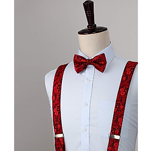 HISDERN Red Bow Tie and Suspenders for Men Paisley Floral 6 Clips Adjustable Braces Y Shape Tuxedo Suspenders & Pocket Square Set