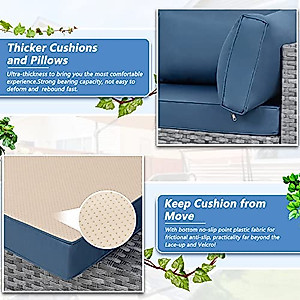 Shintenchi 7 Pieces Outdoor Patio Sectional Sofa Couch, Silver Gray PE Wicker Furniture Conversation Sets with Washable Cushions & Glass Coffee Table for Garden, Poolside, Backyard (Aegean Blue)