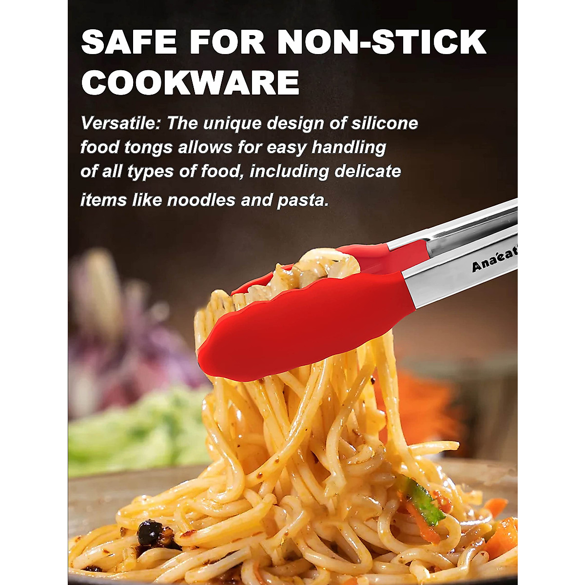 Anaeat Non-Stick Silicone Locking Tong Set of 3 - Stainless Steel 7", 9" and 12" Kitchen Food Tongs with Non-Slip Silicone Tips and Grip for Cooking, Baking and BBQ - Heat Resistant up to 480°F