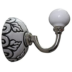 PARIJAT HANDICRAFT Hand Painted Black and White Leaf Beautiful Colored deign Floral Ceramic Wall Hook Hanger Key Holder hat Clothes hangings Bath Towel Hook Hanger