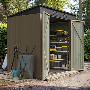 Devoko 6 x 8 FT Outdoor Storage Shed, Metal Garden Tool Sheds & Outdoor Storage House with Sloped Roof for Patio Lawn Backyard (Brown)