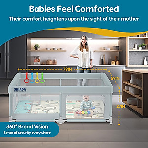 SHIADA Baby Playpen with Mat 71x59 Playpen for Babies and Toddlers,Baby Play Pen,Indoor & Outdoor Activity Center,Kids Playpen with Gate,Safety Baby Fence Play Area with Breathable Mesh(Gray)