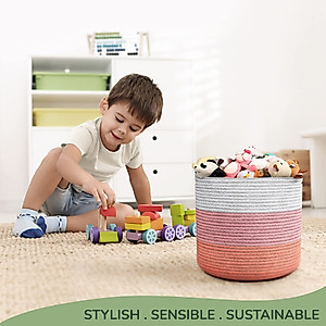 Eco Living Recycled Cotton Rope Storage Cube Basket, Plant Basket Multi-Purpose Woven Cube Organizer/Shelves, Closet Storage Bins, Nursery Kids Room Organizer 11 Inch Set of 3 - White & Pink