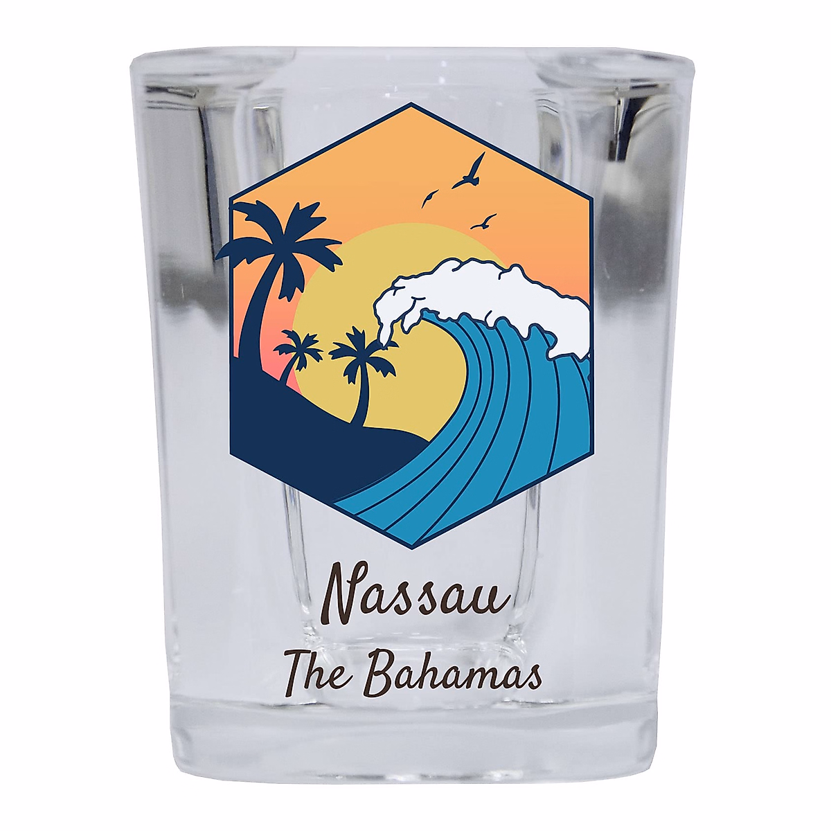 R and R Imports Nassau The Bahamas Souvenir 2 Ounce Square Base Shot Glass Wave Design Single