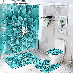 DuoBaorom 4 Pieces Set Dahlia Flower Shower Curtain Set Teal Bath Floral Picture Art on Non-Slip Rugs Toilet Lid Cover Bath Mat and Bathroom Curtain with 12 Hooks 72x72inch