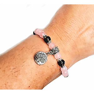 Heart Healing Bracelet with Charm Natural Semi-Precious Stone Beads Rose Quartz + Smoky Quartz Tree of Life Handmade Bracelet USA HANDMADE