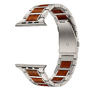 LDFAS Compatible for Apple Watch Ultra 2 Band 49mm,Series 10 46mm Natural Wood Red Sandalwood Stainless Steel Metal Strap Compatible for iWatch Apple Watch 9/8/7 45mm 44mm Bands,Silver Gray