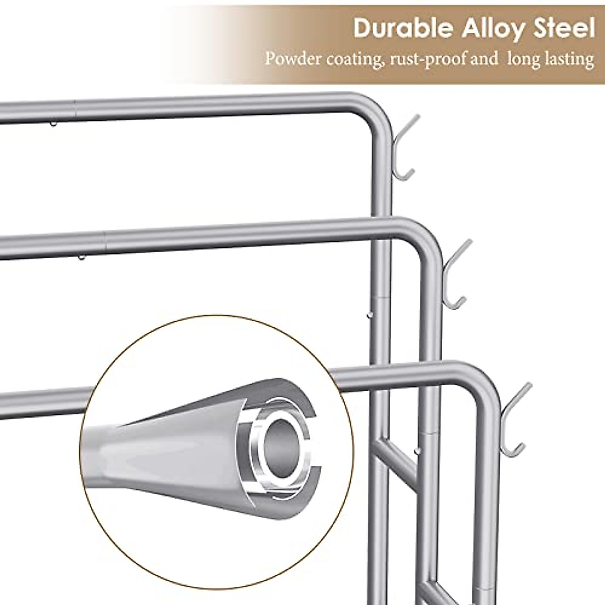 40" H Standing Towel Rack with 2 Storage Baskets & 6 Hooks, 3 Tier Silver Metal Towel Holder for Extra Large Towel, Modern Industrial Blanket Ladder Display and Drying Rack for Bedroom Bathroom