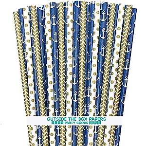Nautical Anchor Themed Paper Straws - Navy Blue Gold White - Chevron Polka Dot - 7.75 Inches - 100 Pack - Outside the Box Papers Brand