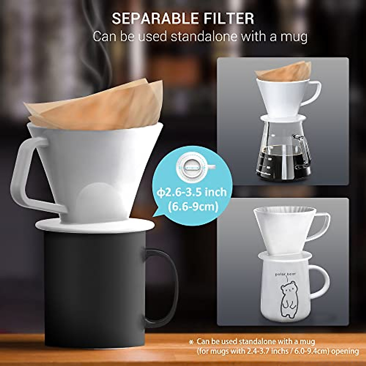 KitchenBoss Pour Over Coffee Maker Set Pour Over Stand Set | White Ceramic Dripper | 600ml/20oz Glass Server | Non-slip Stand | Home Office Coffee Maker Kit 5 Cup