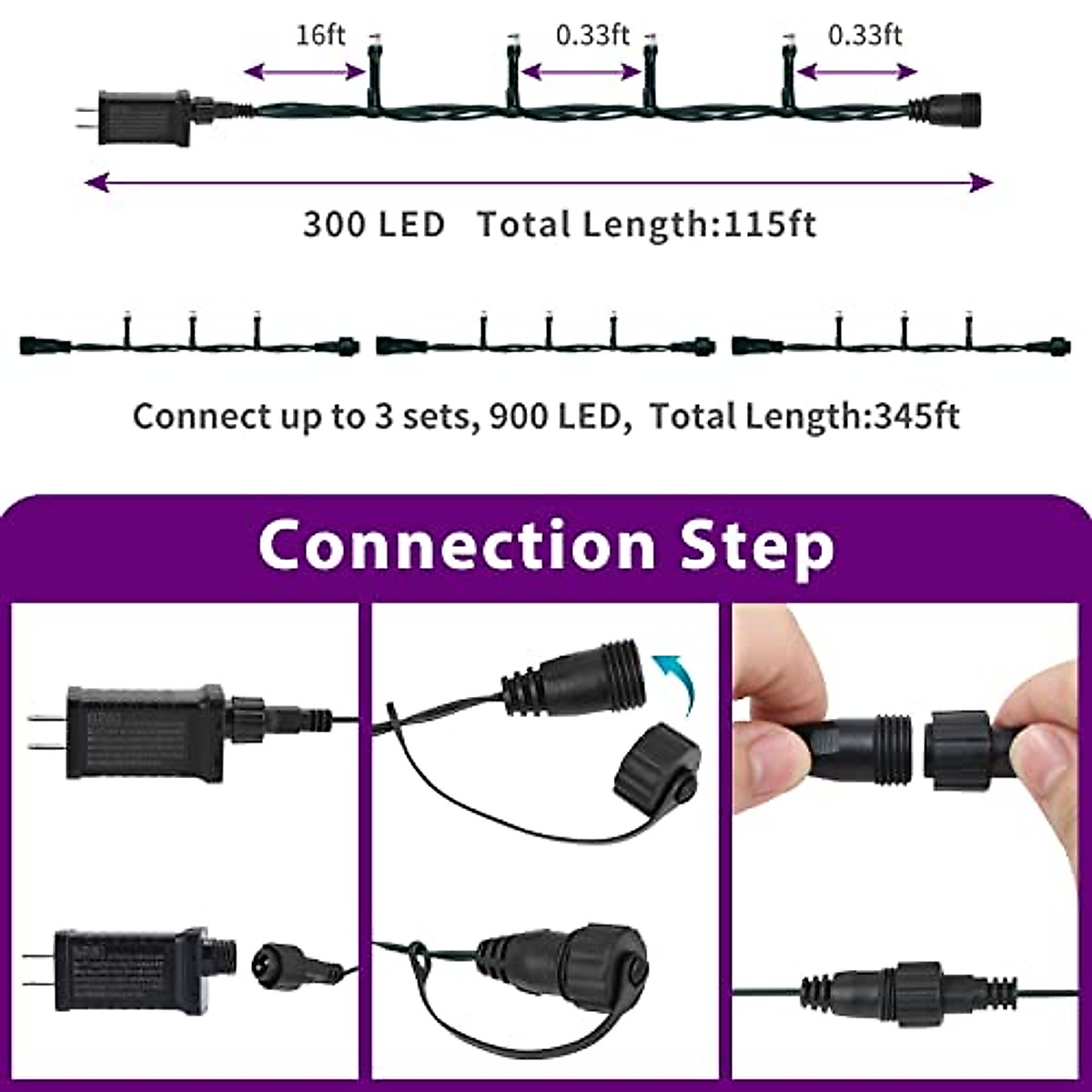 holahome 300 LED Christmas String Lights Outdoor Indoor, 115Ft Waterproof 8 Modes Cool White Twinkle Fairy Lights for Wedding Party Yard Tree Decorations