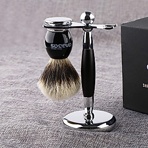Shaving Brush and Stand, Anbbas Silvertip Badger Hair Brush Set with Stainless Steel Shaving Stand for Double Edge Safety Razor Straight Razor,Black Resin Alloy Handle for Men