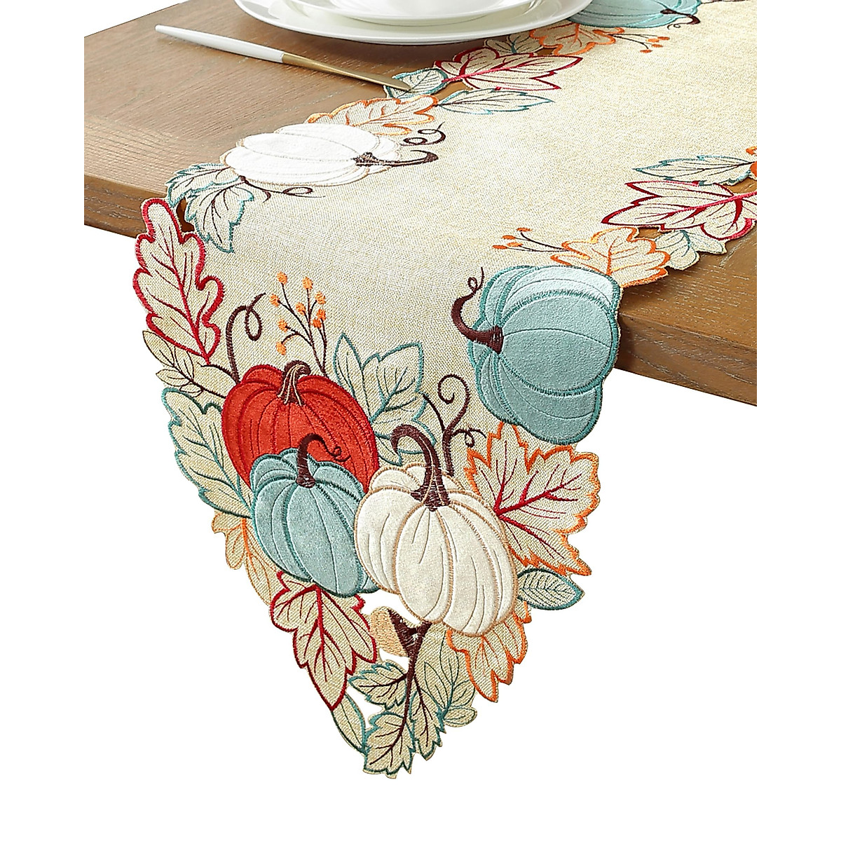 Thanksgiving Table Runner Fall Decorations for Home Fall Table Runner with Embroidered Velvet Pumpkins Maple Leaf. Halloween/ Christmas Table Decorations for Kitchen Dining Harvest Party Decor