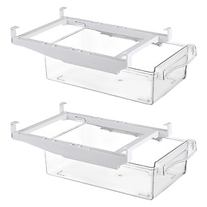 2 Pack Fridge Drawer Organizers - Adjustable Refrigerator Drawers for Fruit, Vegetable, Seafood, Transparent Pull-Out Shelf Holders, Fridge Storage Containers Fit Fridge Shelves Under 0.6''