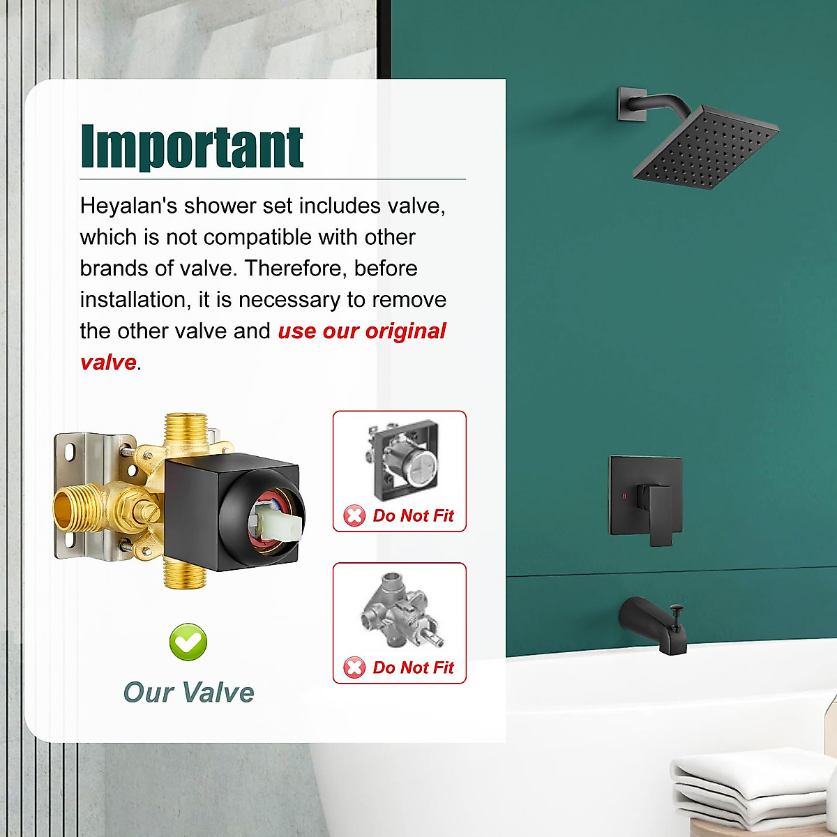 Heyalan Bathtub Shower Faucet Set,6 Inch Square Shower Trim Kit Single Handle Shower System,Showerhead and Handle Set Male Thread Pressure Balance Valve,With Tub Spout,Matte Black