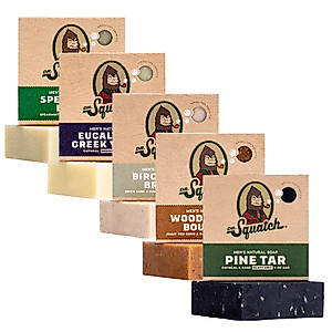 Dr. Squatch All Natural Bar Soap for Men, 5 Bar Variety Pack - Pine Tar, Wood Barrel Bourbon, Birchwood Breeze, Spearmint Basil, and Eucalyptus Greek Yogurt