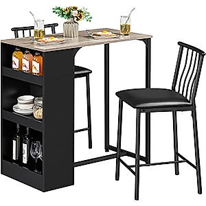 Yaheetech 3-Piece Dining Table Set, Counter Height Dining Table Set for 2, Compact Kitchen Table Set with 3-Layer Side Storage Shelf for Kitchen Restaurant, Black/Gray