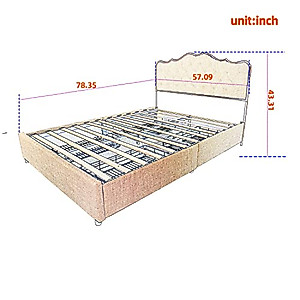 Queen Size Metal Platform Bed Frame, with Upholstered Headboard, 4 Storage Drawers, Heavy Duty Mattress Foundation w/Wood Slat Support, No Box Spring, Coffee