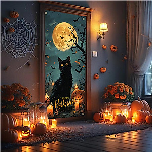 Halloween Door Cover Halloween Birthday Party Door Decorations Door scary window Banner 35.4 X 70.8 Inches Cat Theme Door Cover Halloween Birthday Decorations Sign Front Door for Halloween Party outdoor Supplies Decor (cat)