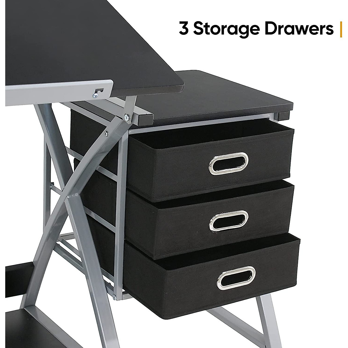 JupiterForce Drafting Table with Tiltable Tabletop and Stool, 3 Storage Drawers, Art Desks for Adults, Painters, Work Station, Home Office, Black